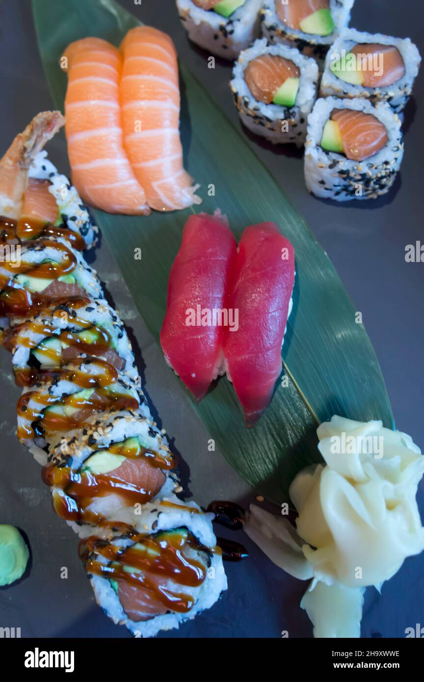 Different varieties of maki sushi and nigiri sushi Stock Photo - Alamy