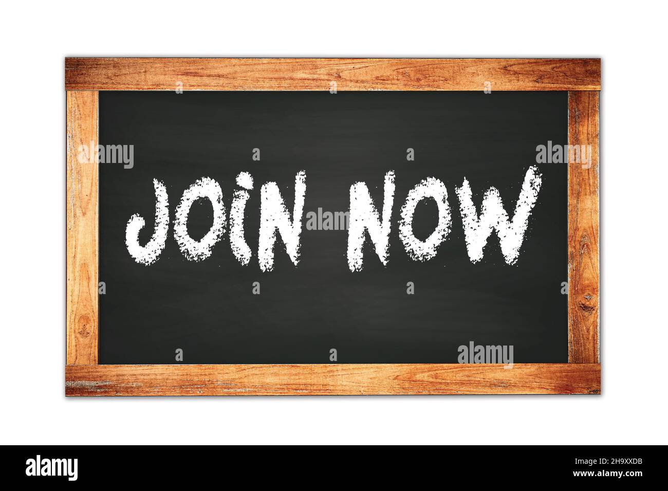 JOIN NOW text written on black wooden frame school blackboard Stock ...
