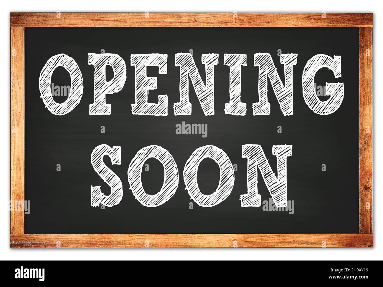 OPENING SOON written on black wooden frame school blackboard Stock ...