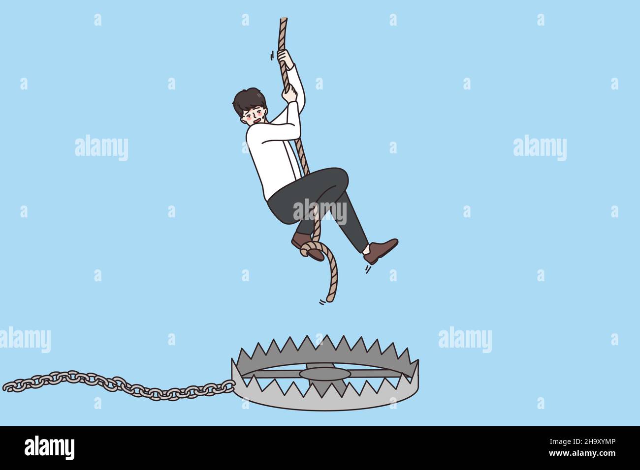 Scared businessman hang on rope stressed frustrated fall into trap. Male employee engaged in ...
