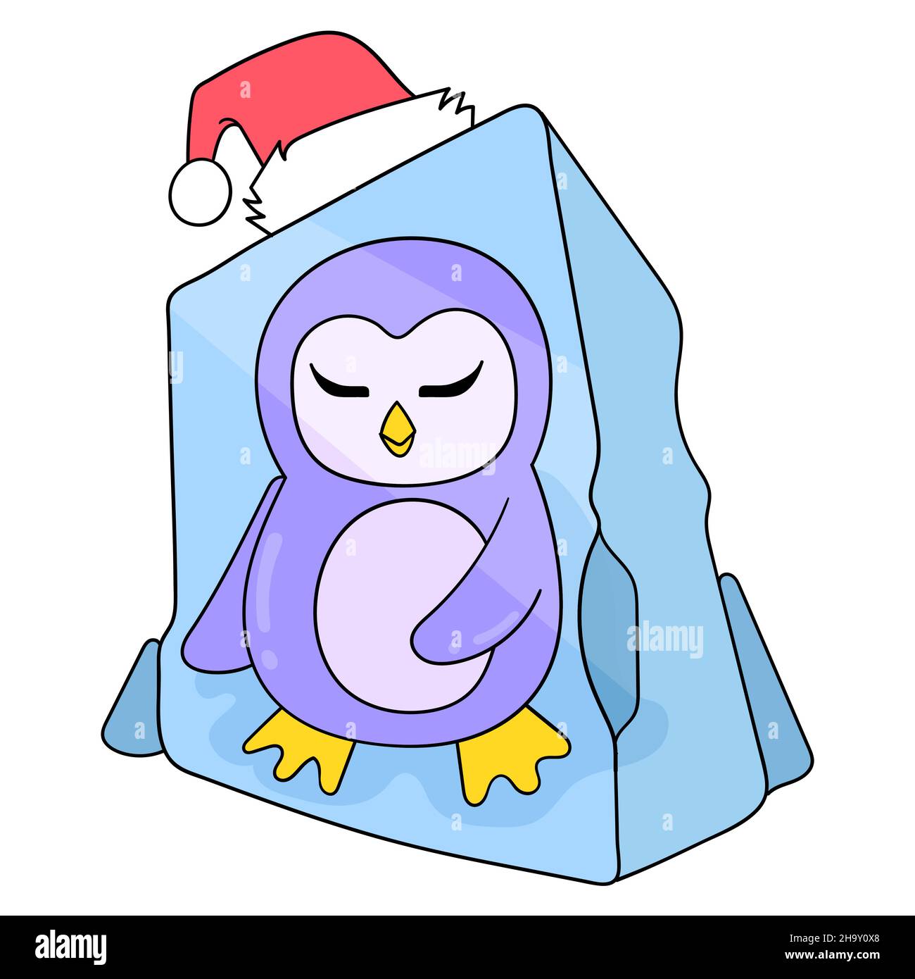 Penguin is stuck frozen in a block of ice, vector illustration art ...