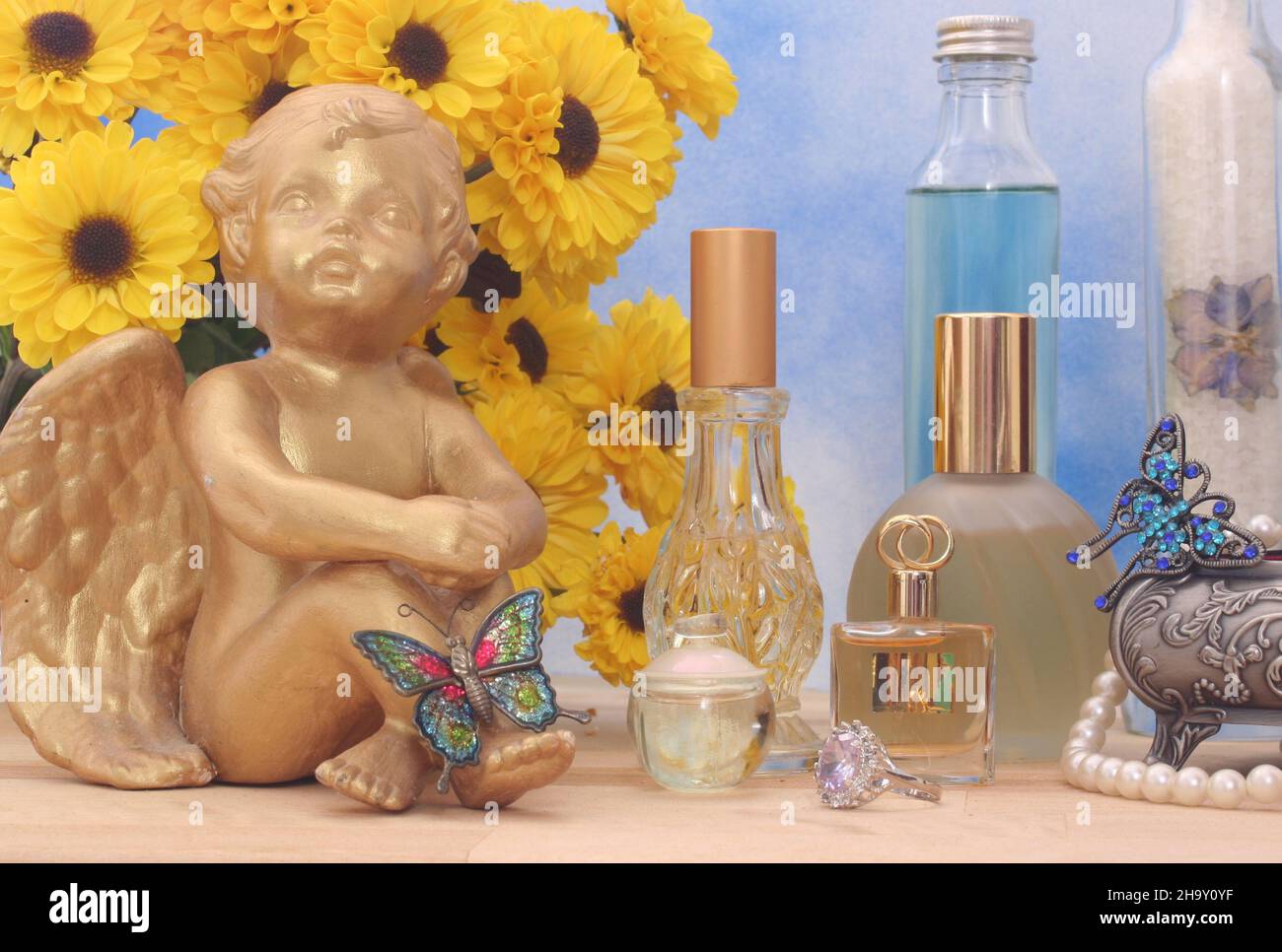 Flowers and Angel with Butterflies and Jewelry Box and Blue Sky ...