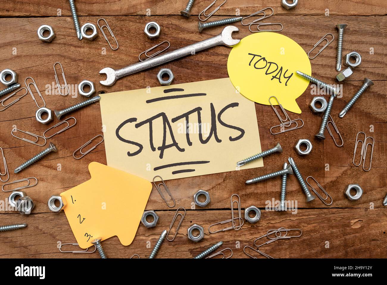 Hand writing sign Status. Business overview situation at a particular ...