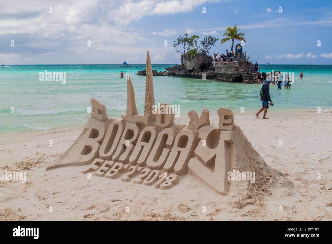BORACAY, PHILIPPINES - FEBRUARY 3, 2018: Label Boracay made of sand at ...