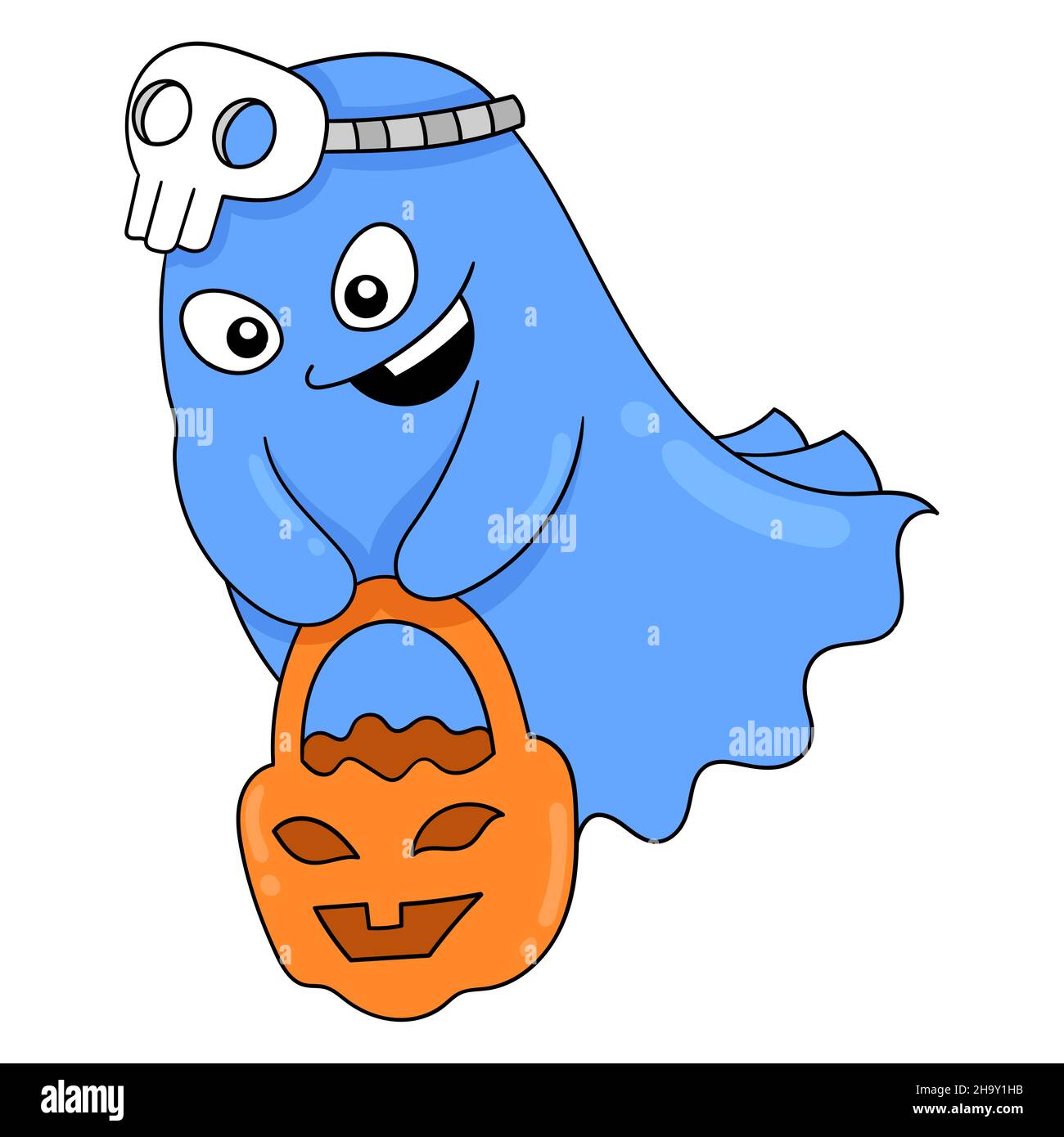 halloween flying ghost carrying pumpkin basket, vector illustration art. doodle icon image ...