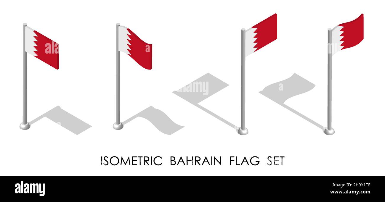 isometric flag of BAHRAIN in static position and in motion on flagpole ...