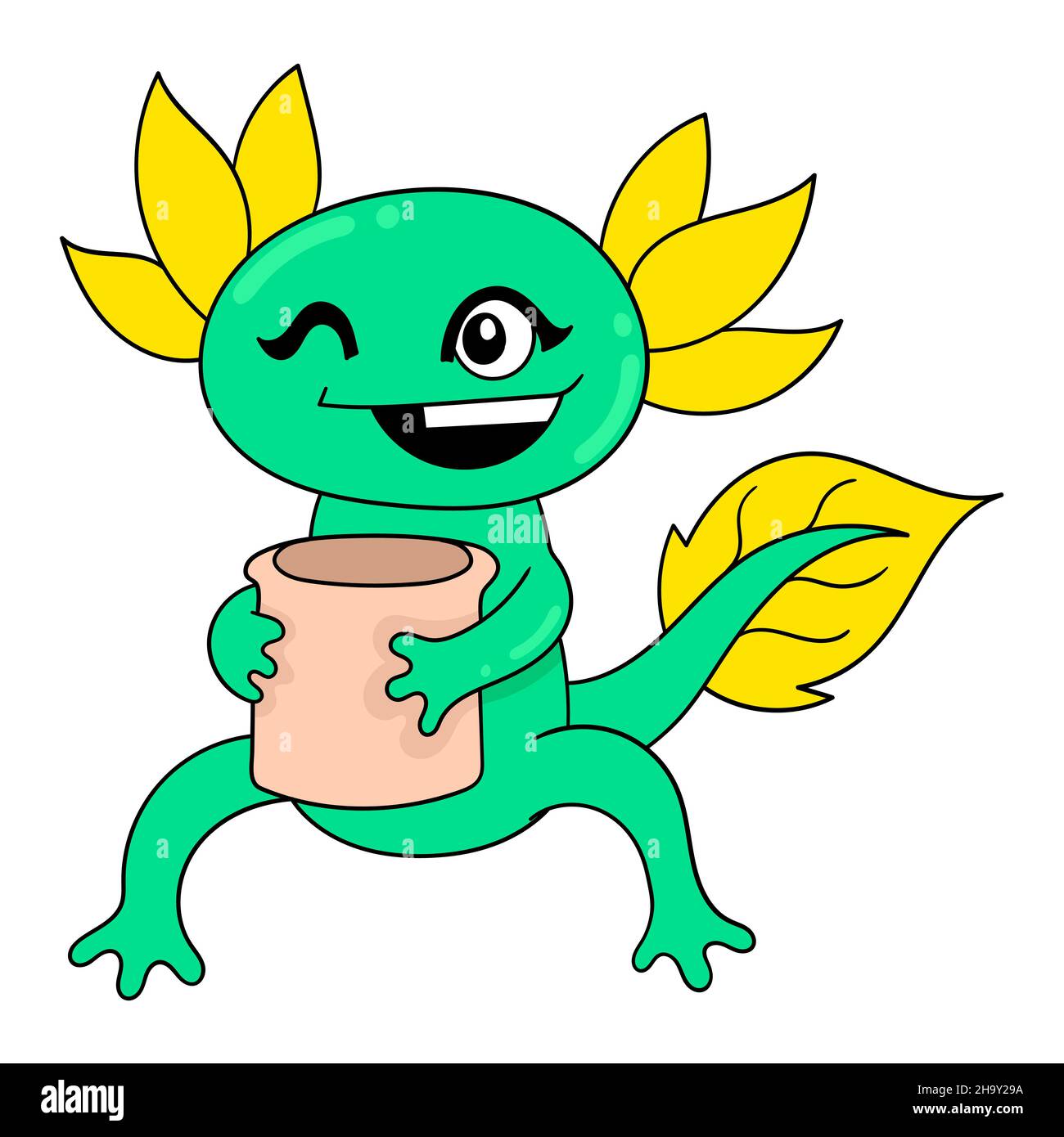 smiling green monster carrying a drink, vector illustration art. doodle ...
