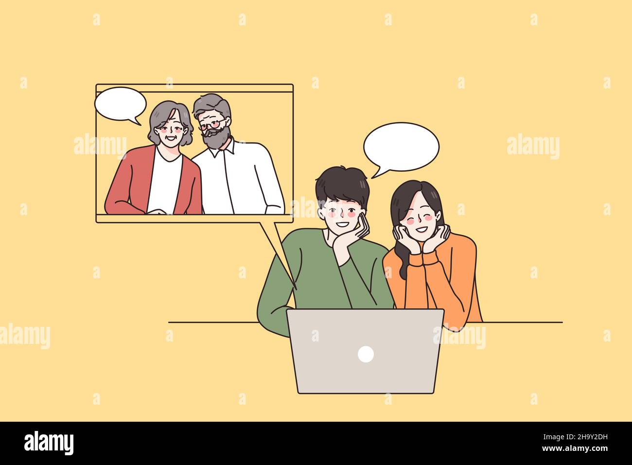 Happy young couple talk speak on video call on computer with old ...