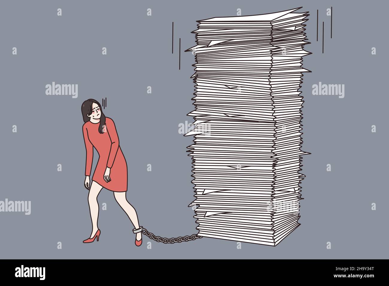 Stressed businesswoman tied by work burden, try to manage meet deadline ...