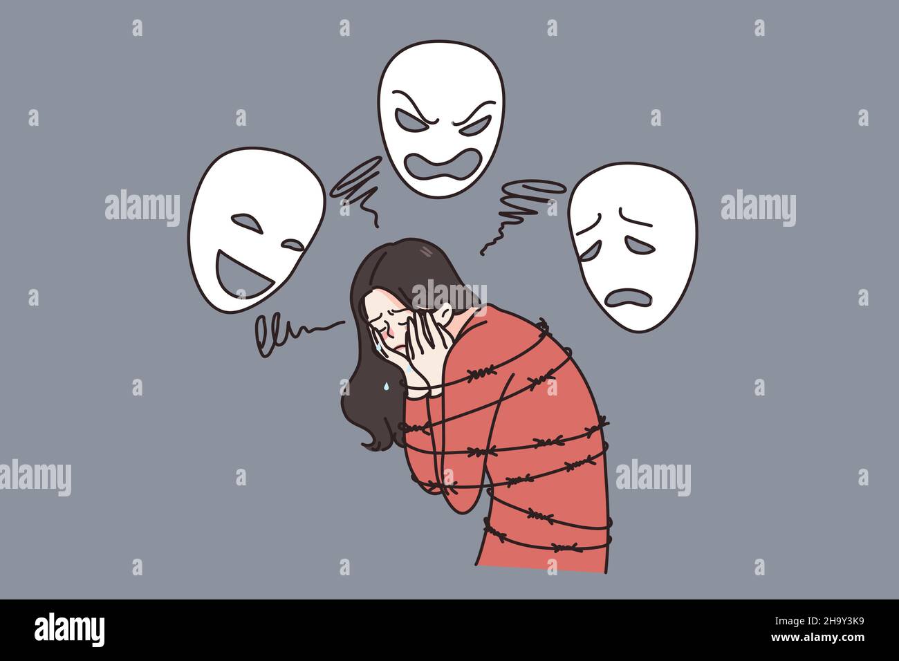 Stressed Young Woman Surrounded By Diverse Masks Suffer From Mental