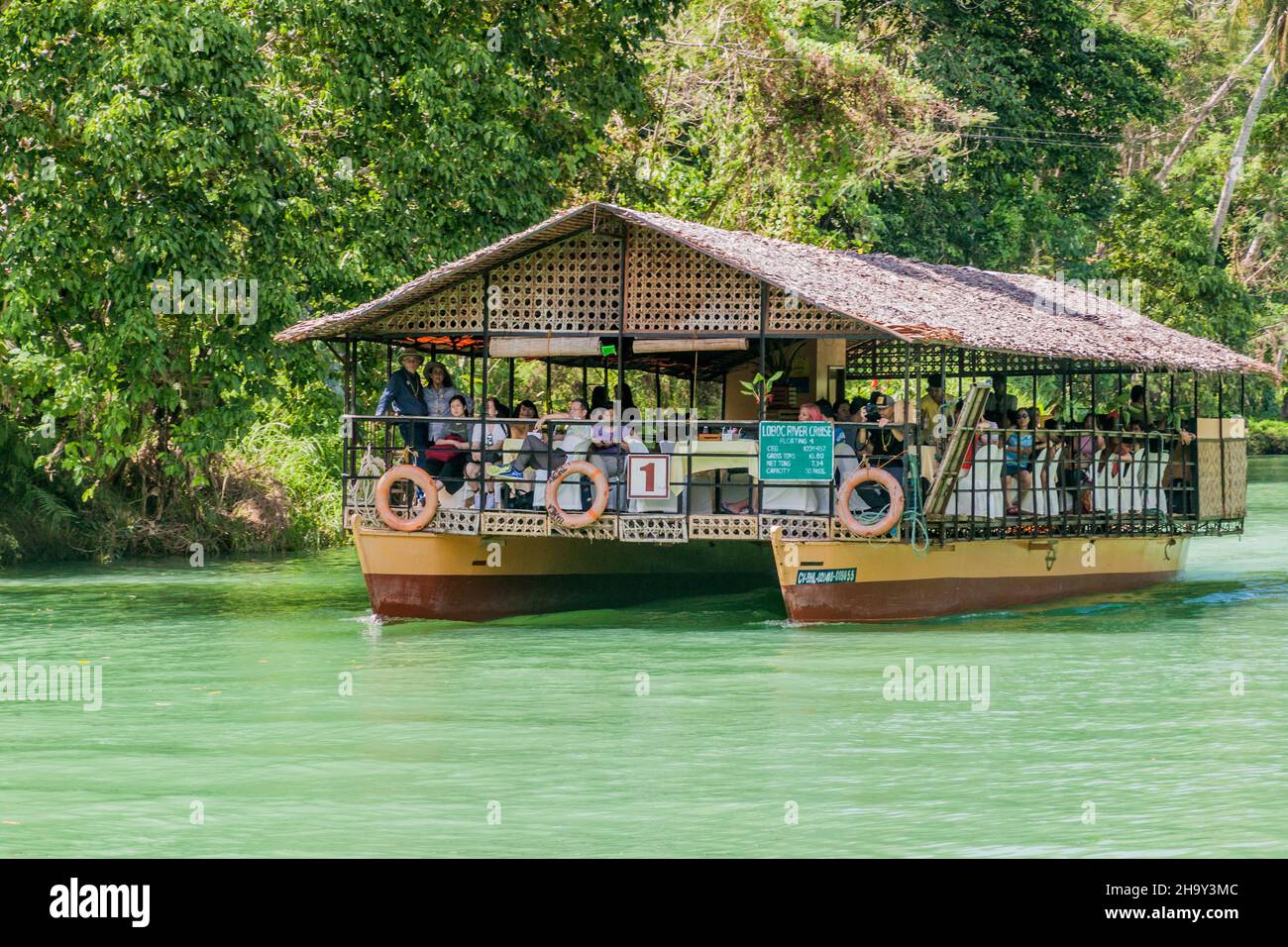 LOBOC, PHILIPPINES - FEB 10, 2018: Floating restaurant at Loboc river ...