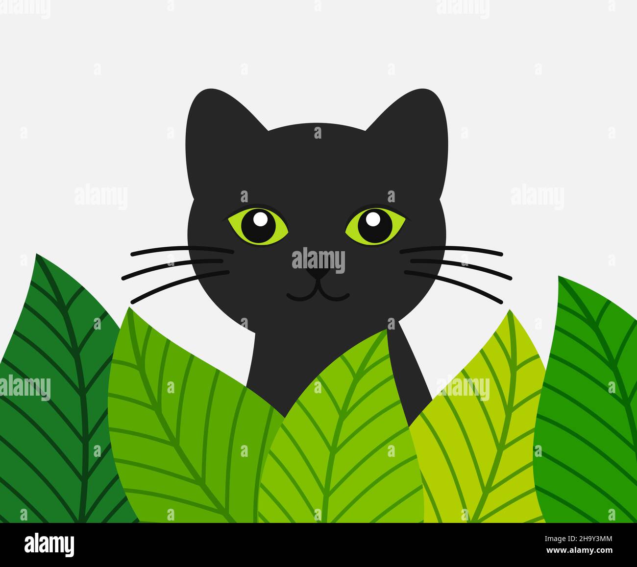 Cute cat hiding behind green leaves. Cat hunting i nature. Vector ...
