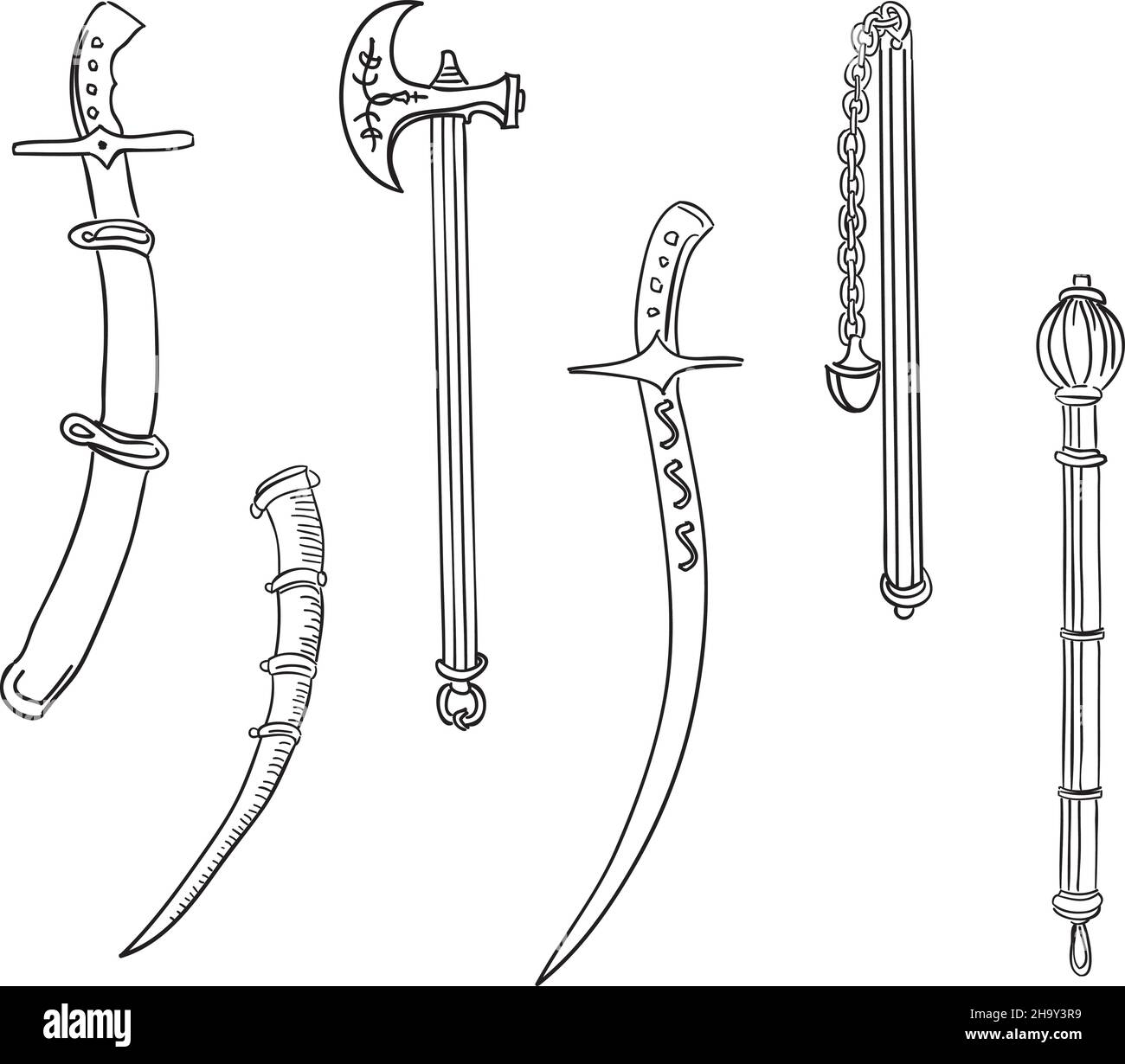 Swords, ax and mace. Set of ancient weapons. Vector illustration Stock ...