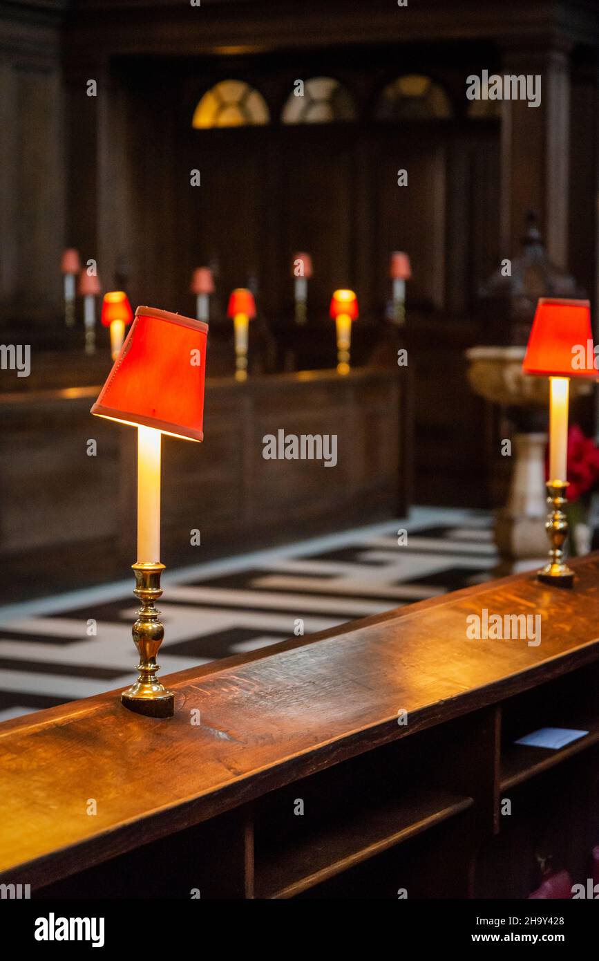 Red table lamps on pew, Saint Vedast-alias-Foster, built by Christopher ...