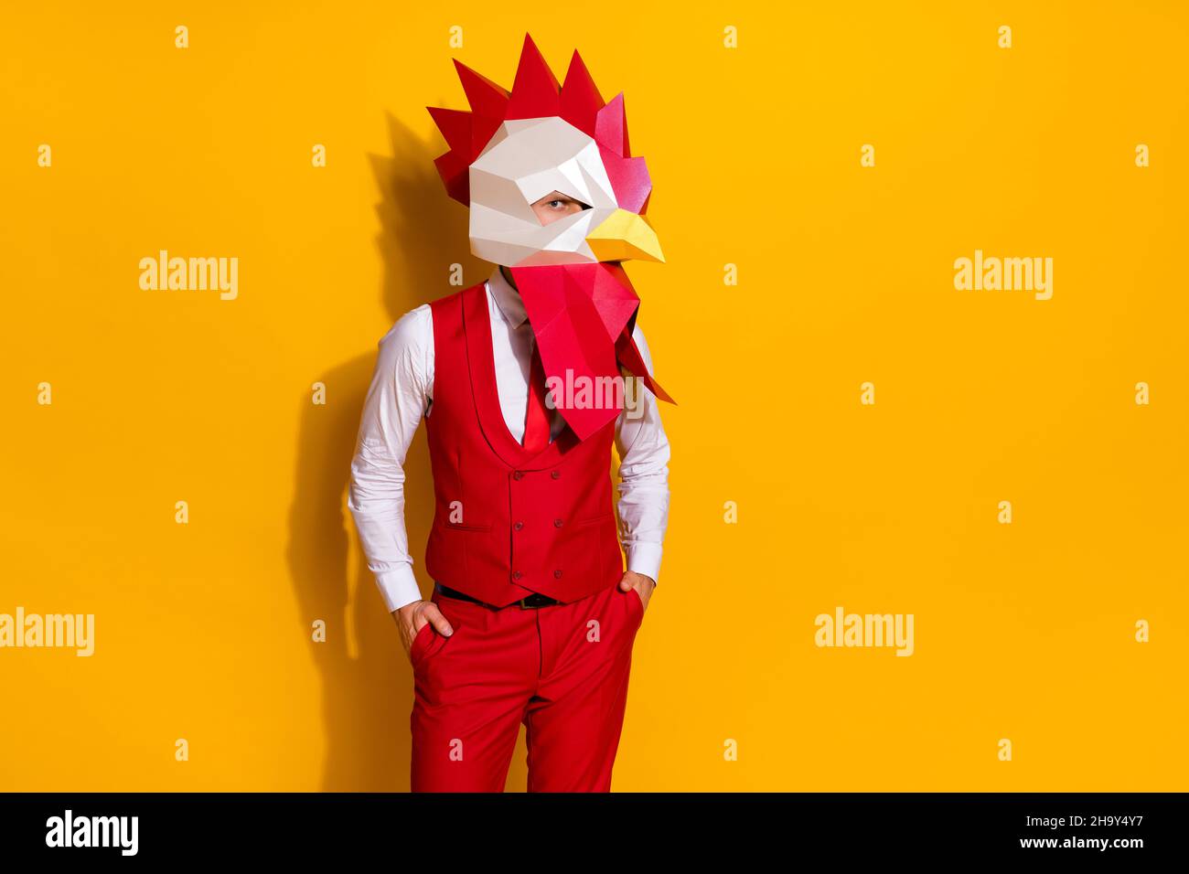 Photo of confident representative agent hands pocket wear rooster mask ...