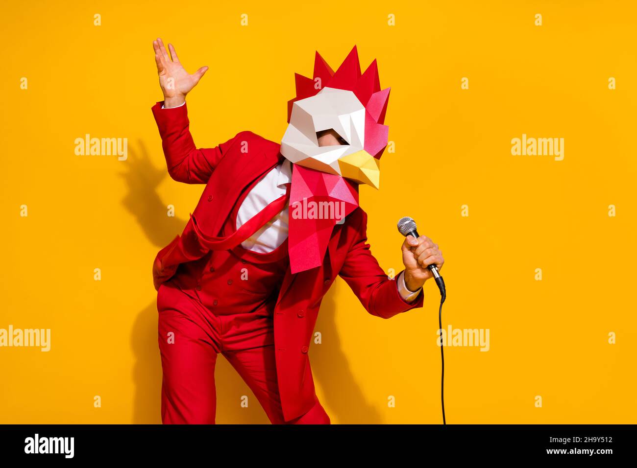 Photo of positive charismatic guy hold mic sing song wear rooster mask ...