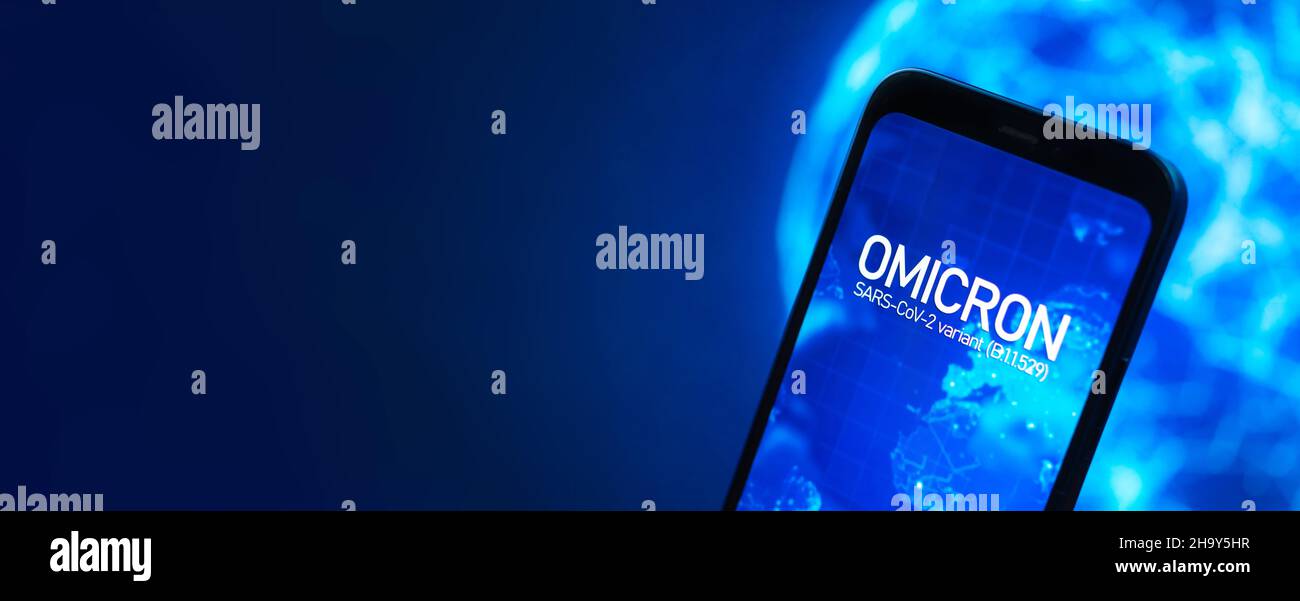 Omicron variant of coronavirus. Banner, mobile phone with omicron text ...