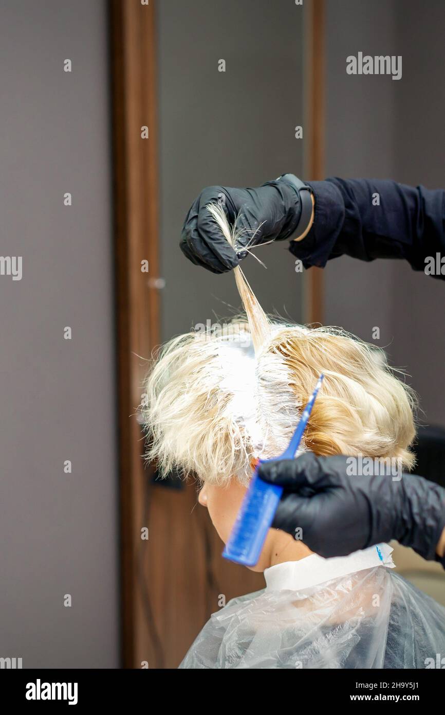 Coloring female hair in the hair salon. Young woman having her hair ...