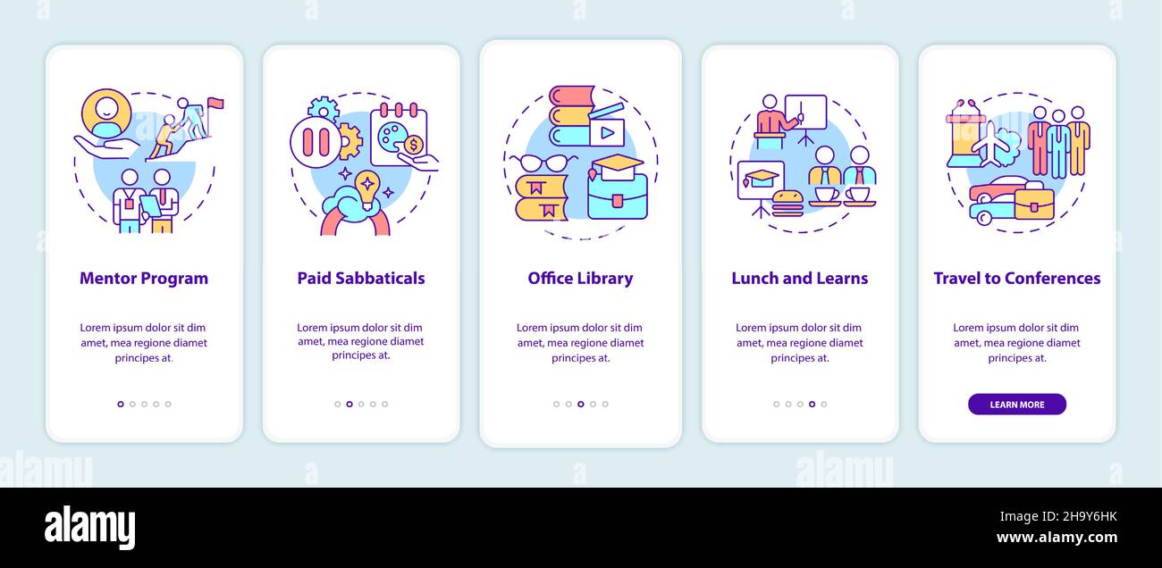Employee development perks onboarding mobile app page screen Stock ...