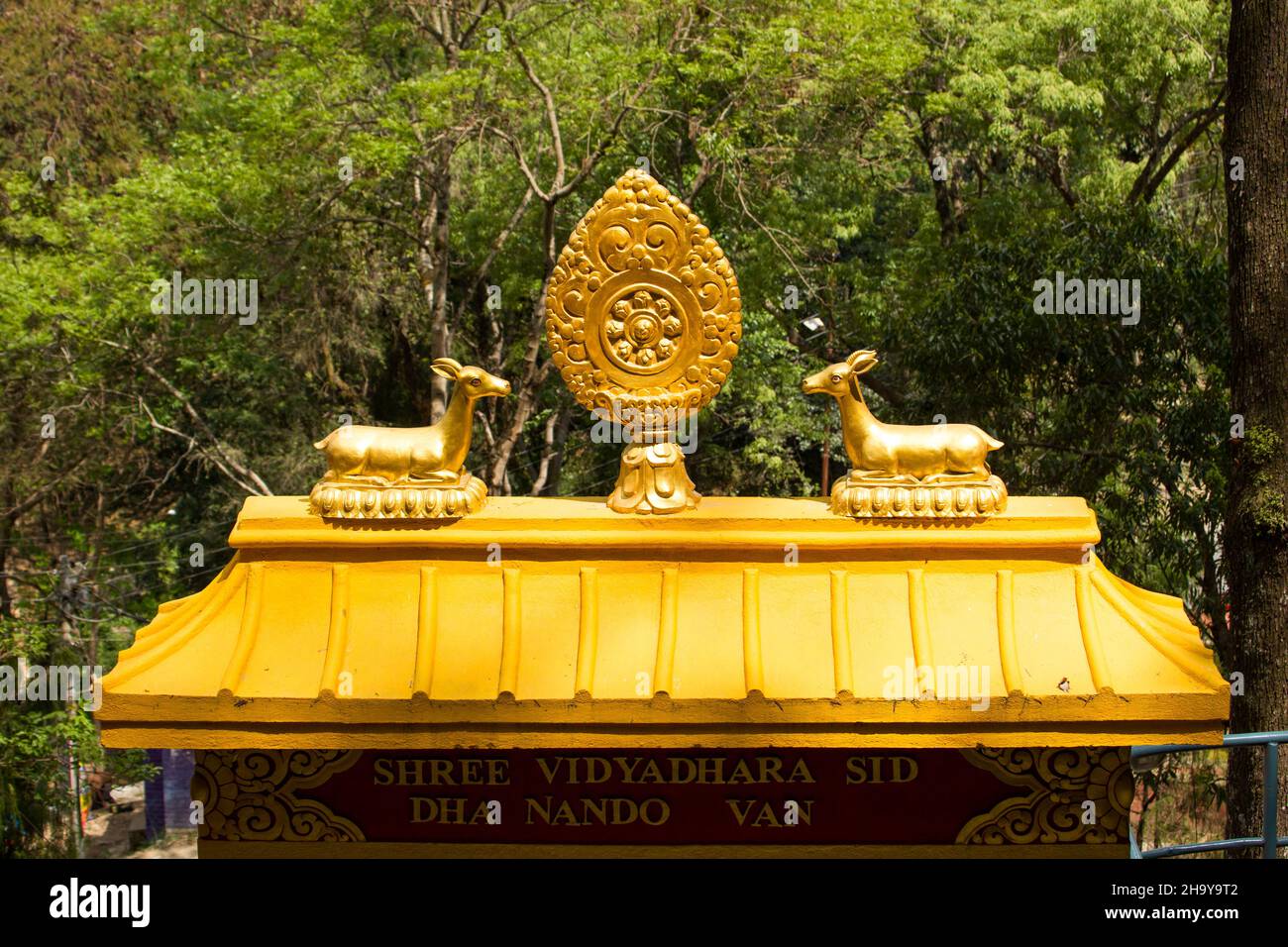 The Dharma Wheel and two deer decorate the gate of the Rigzin Drubte ...
