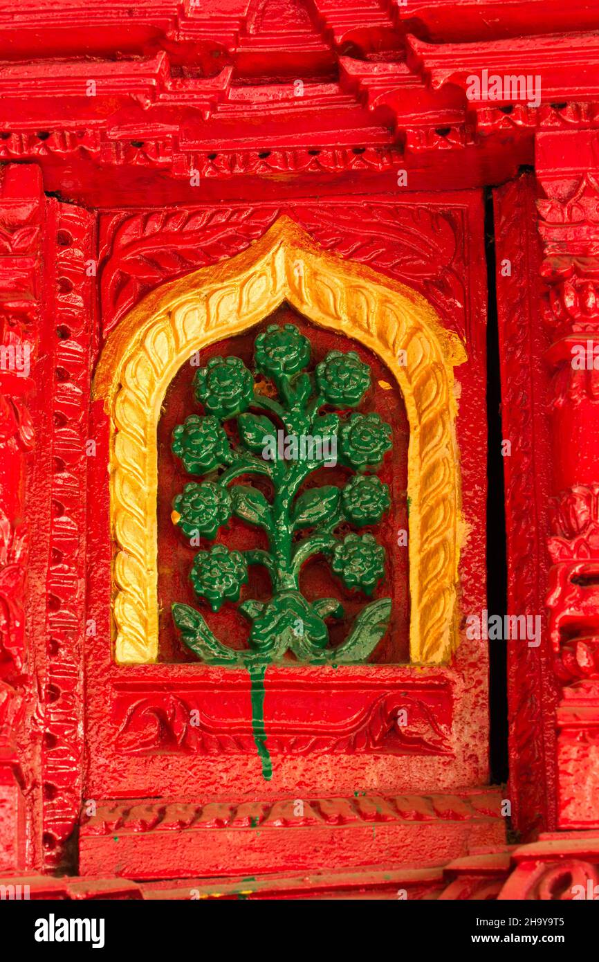 Detail of the painted wood carvings under the eaves of the Shesh ...