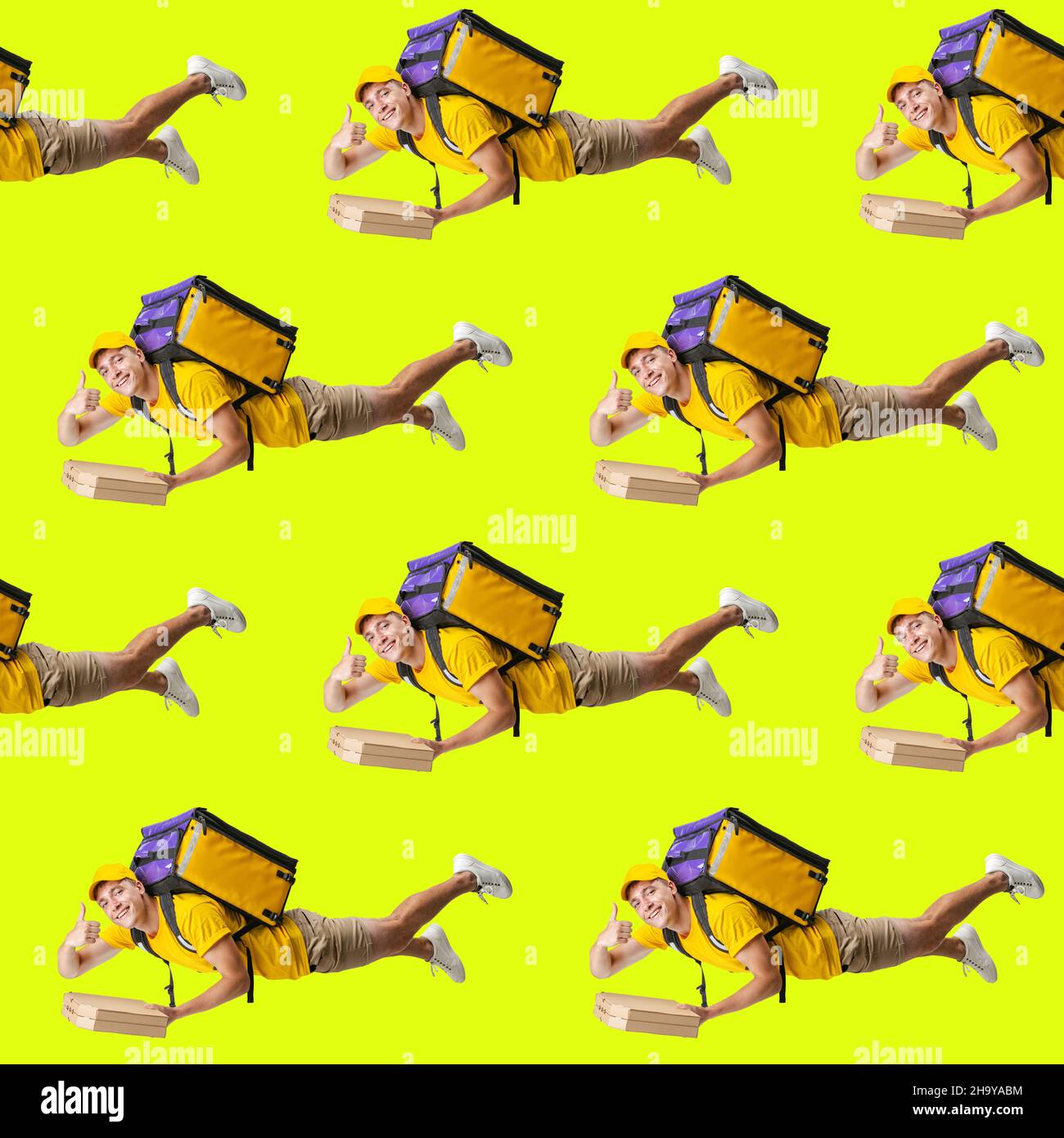 Conceptual pattern with flying delivery man in yellow uniform with ...