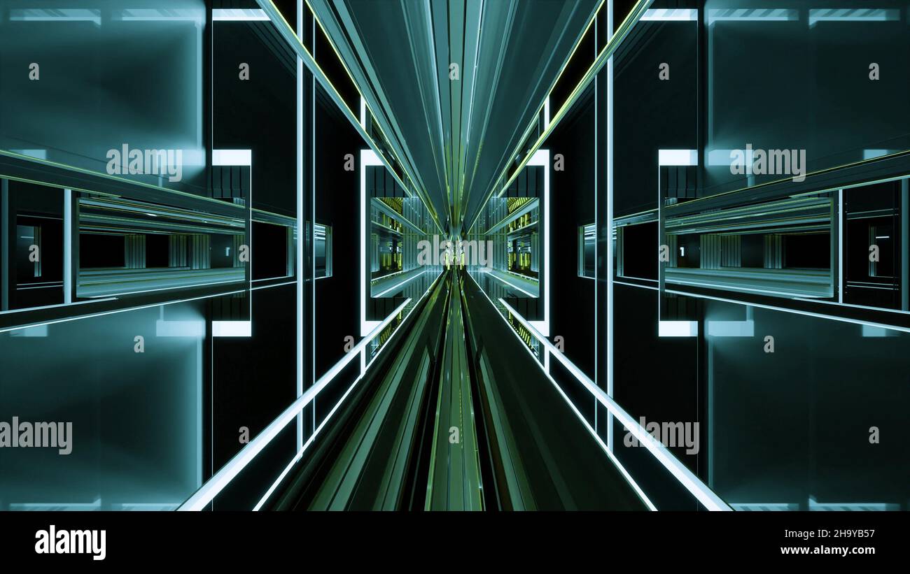 3d illustration of endless 4K UHD tunnel between narrow reflecting ...