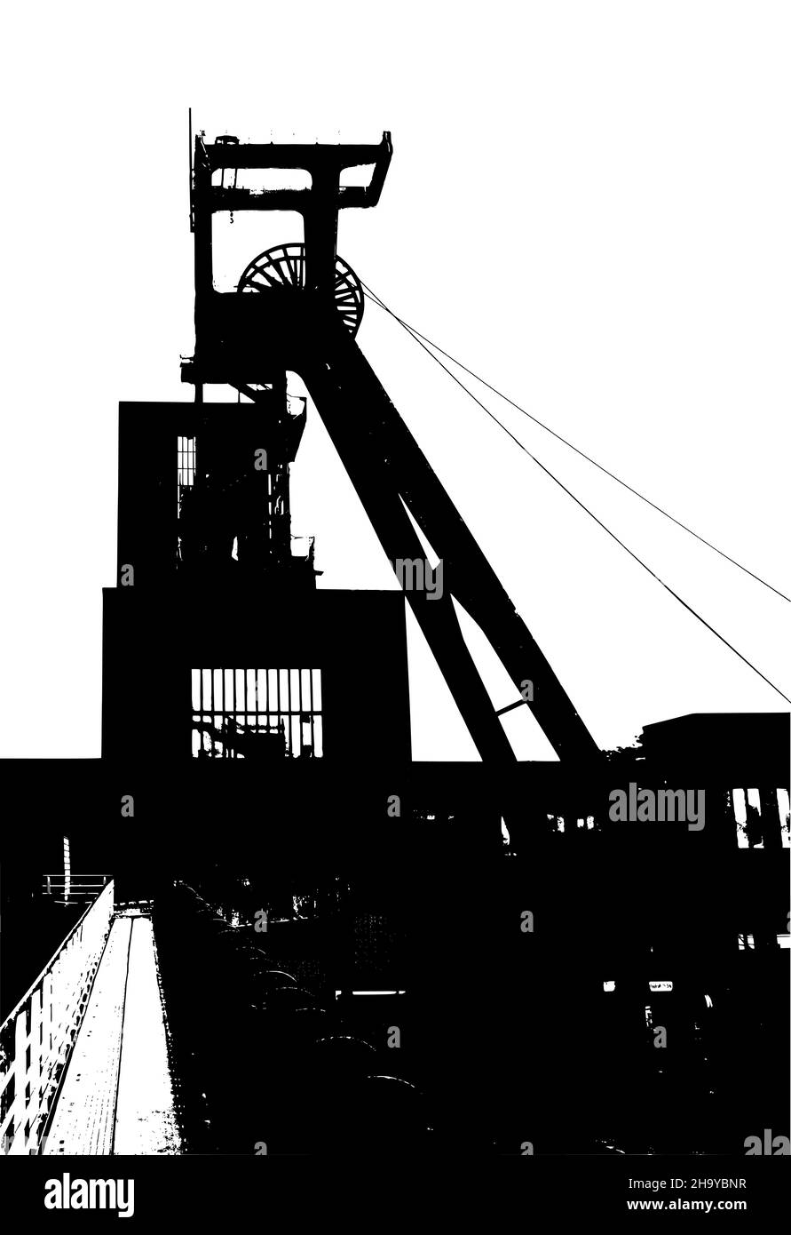 Black and white coal mine headframe silhouette vector. Industrial ...