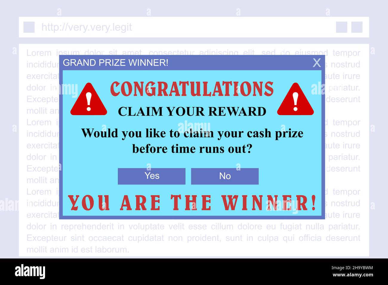 Online scam. Phishing attempt - fake cash prize winner popup banner ...