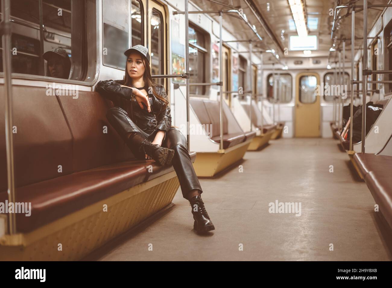 Beautiful brunette in leather jacket hi-res stock photography and ...