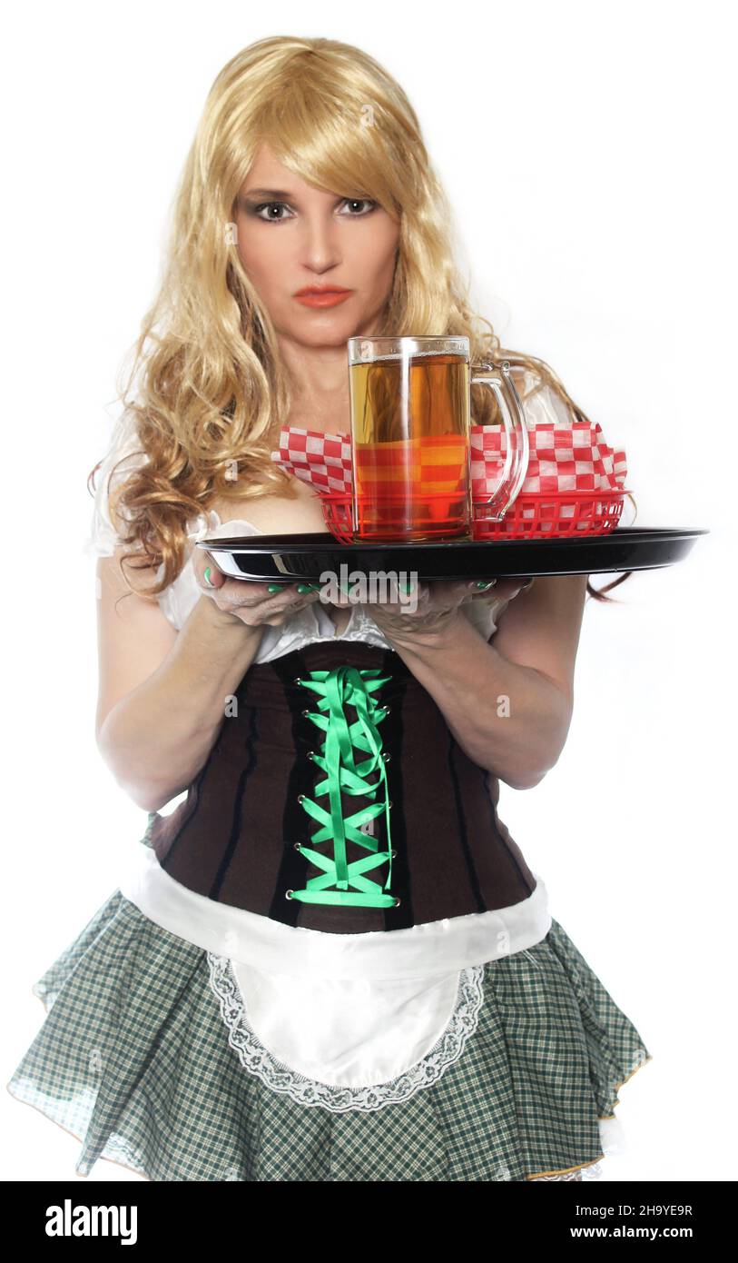 Tavern Waitress With Beer Mug Closeup on White Stock Photo - Alamy