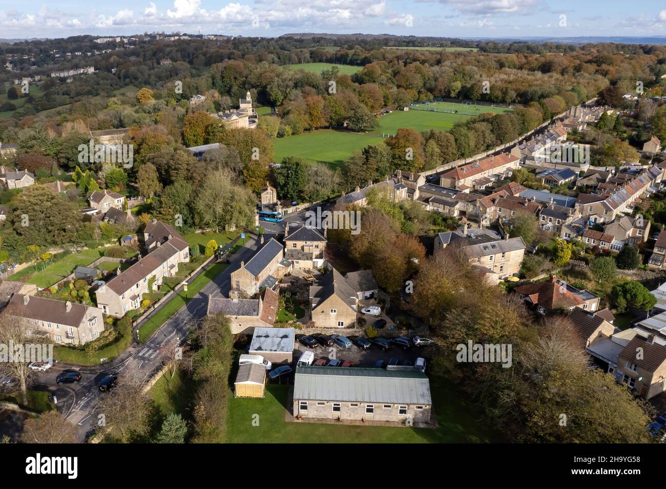 Aerial Drone View over Combe Down, Bath UK, from Firs Field Open Space ...