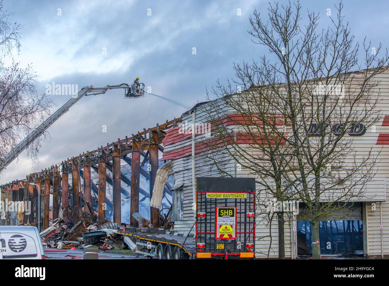 Kidderminster, UK, 8th December, 2021. Fire crews and police are still ...