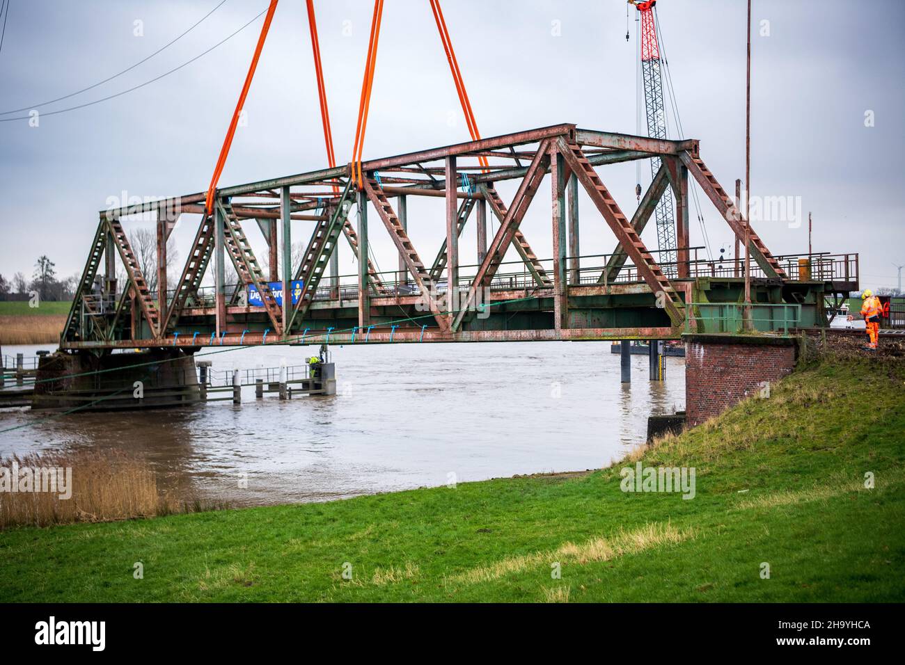 Weener, Germany. 09th Dec, 2021. Part of the Friesen Bridge is ...