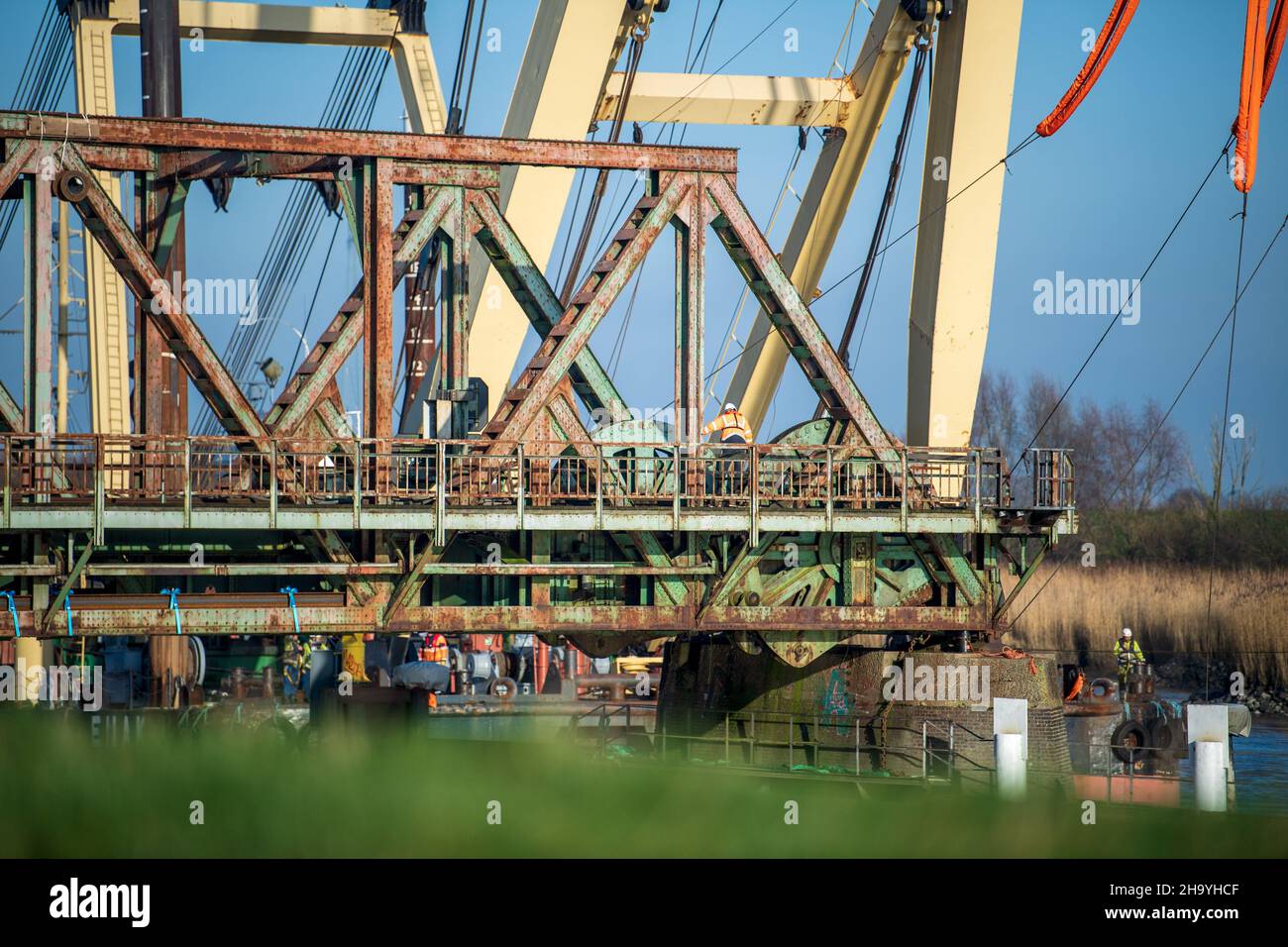 Weener, Germany. 09th Dec, 2021. Part of the Friesen Bridge is ...