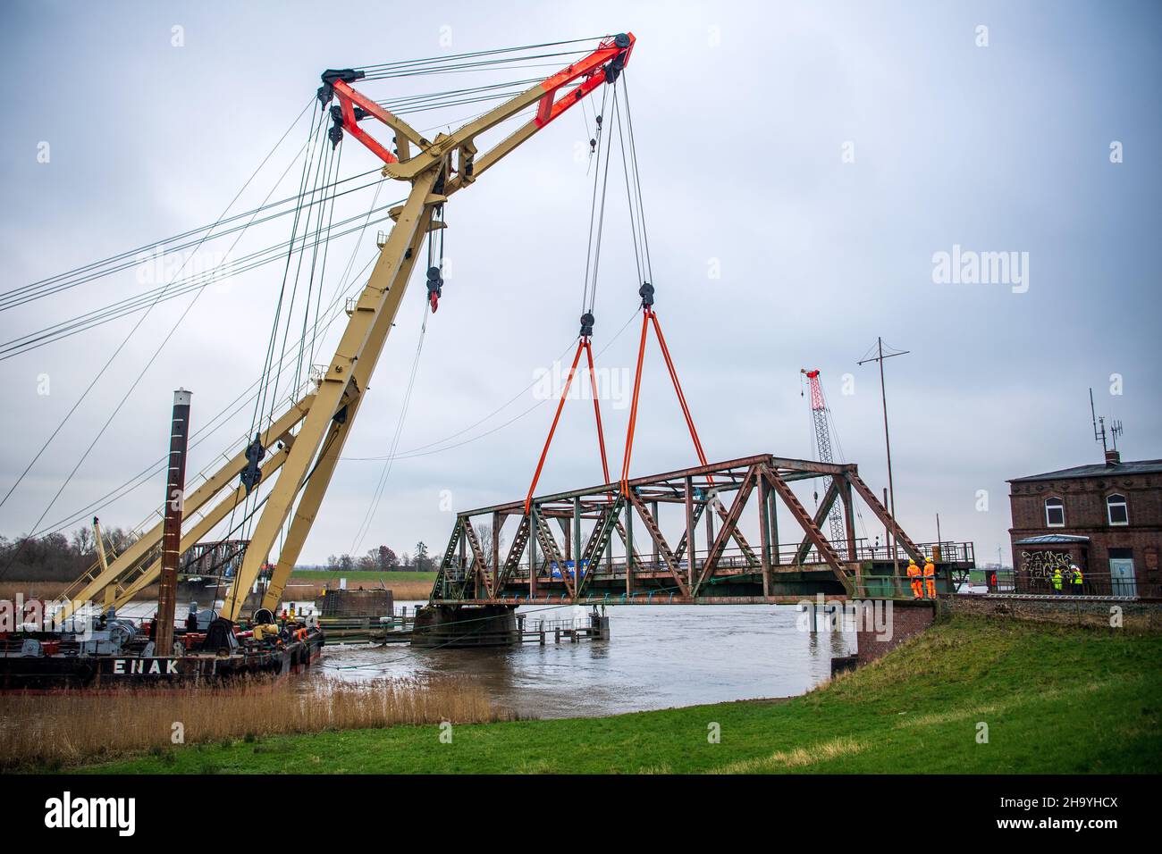 Weener, Germany. 09th Dec, 2021. Part of the Friesen Bridge is ...