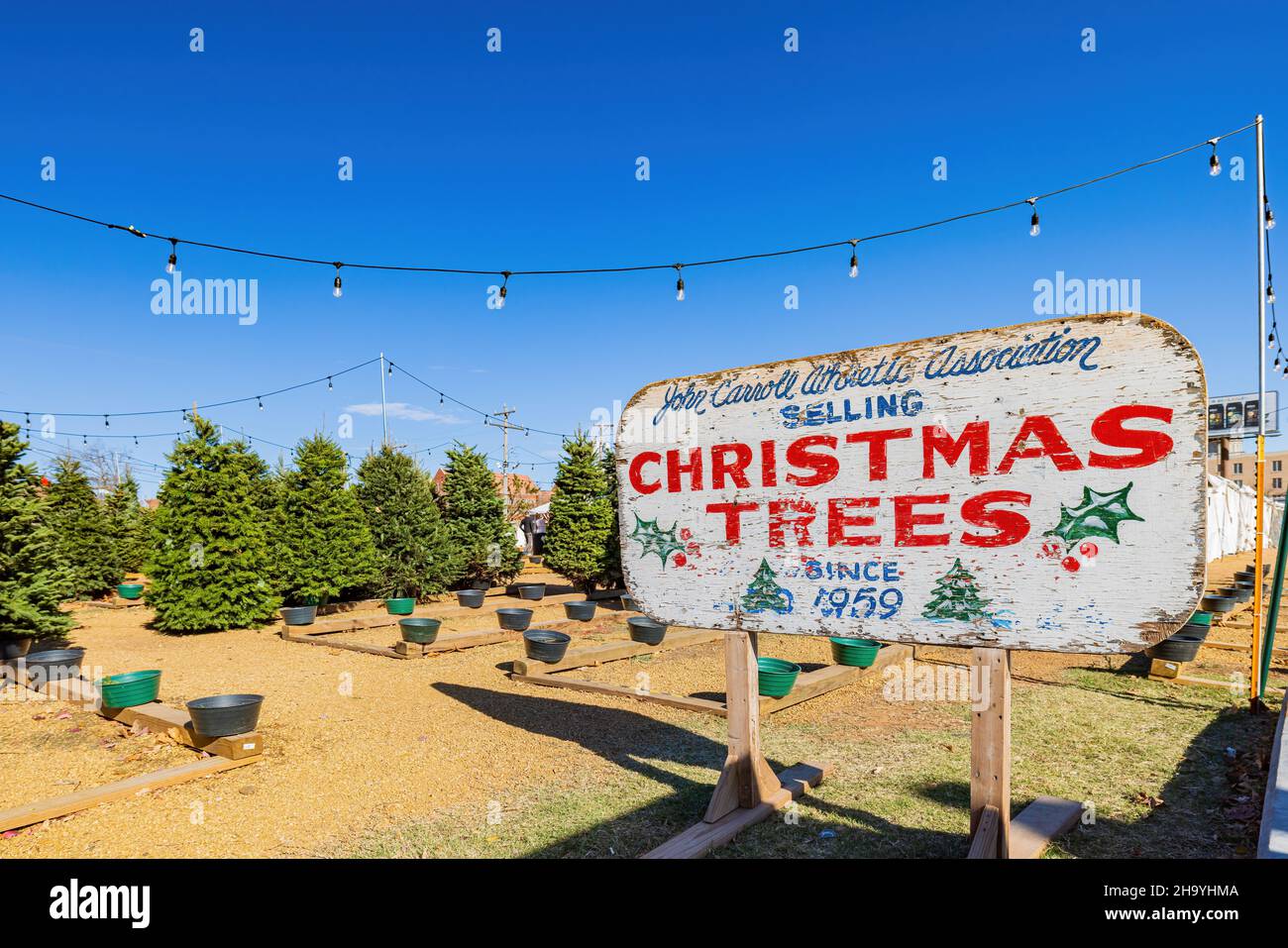 Oklahoma, DEC 5 2021 - Sunny view of a christmas tree selling center ...