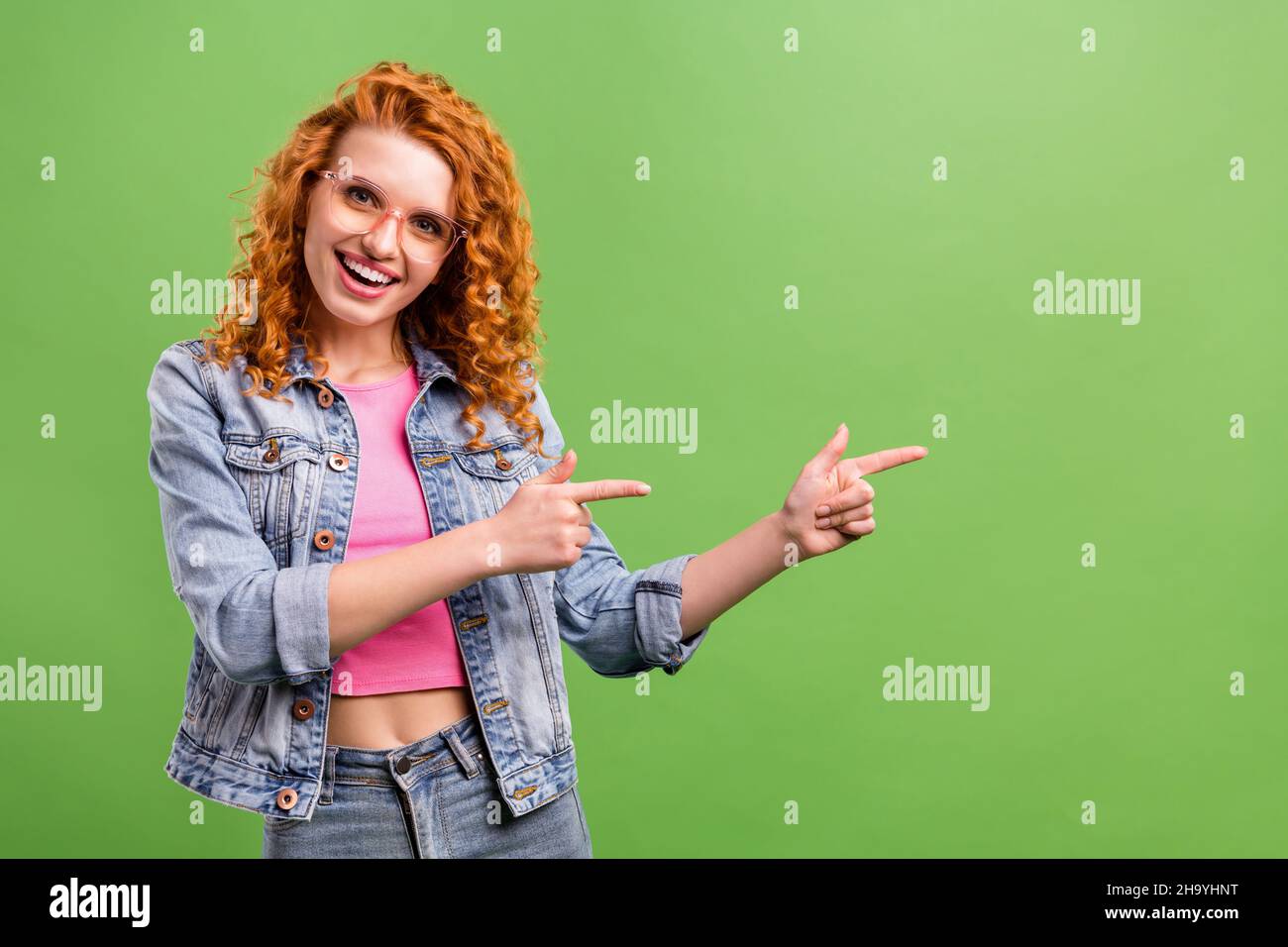 Photo of sweet charming young lady dressed denim clothes glasses ...