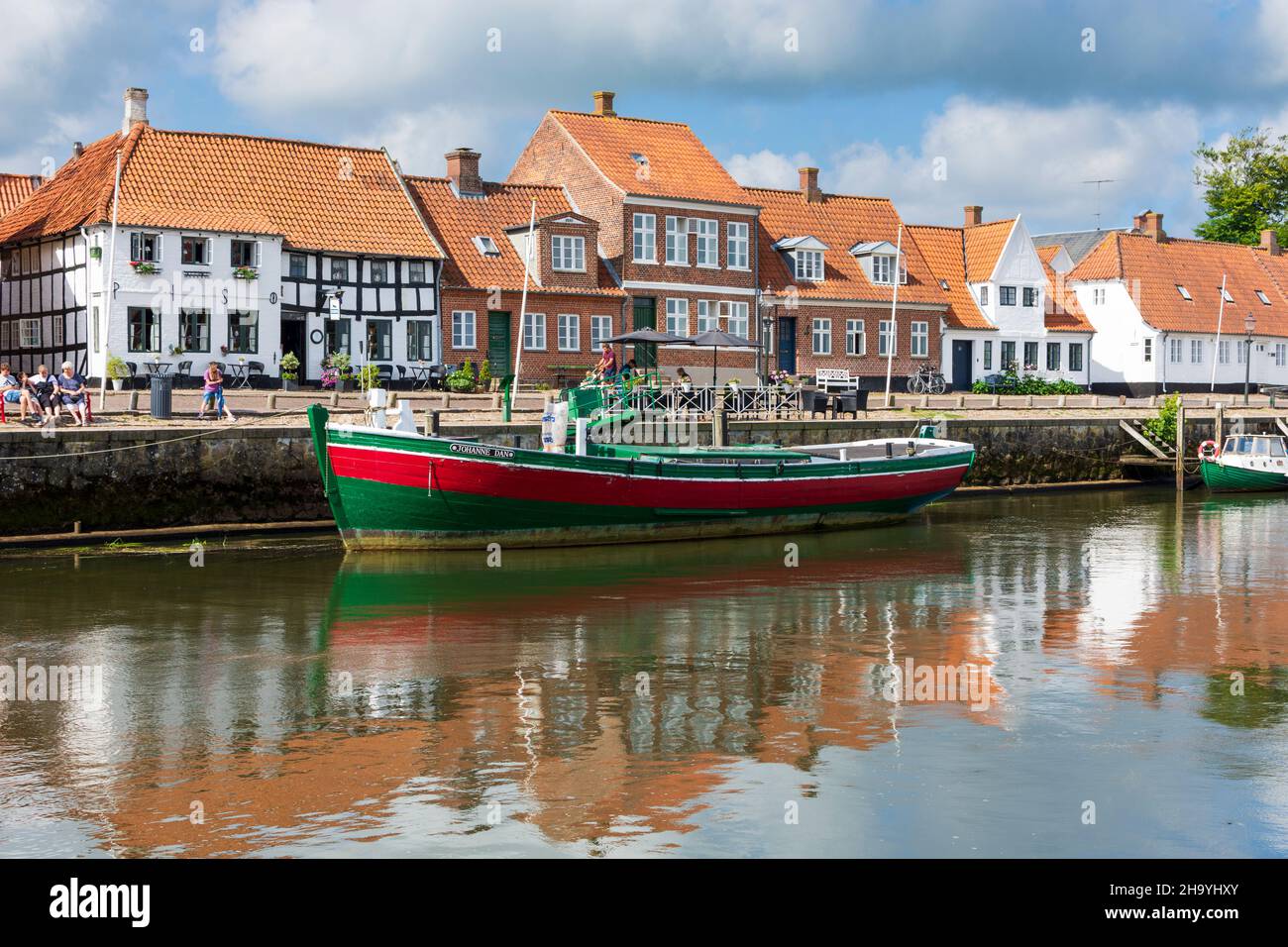 Esbjerg: river Ribe, old harbor, historic boat Johanne Dan, restaurant ...