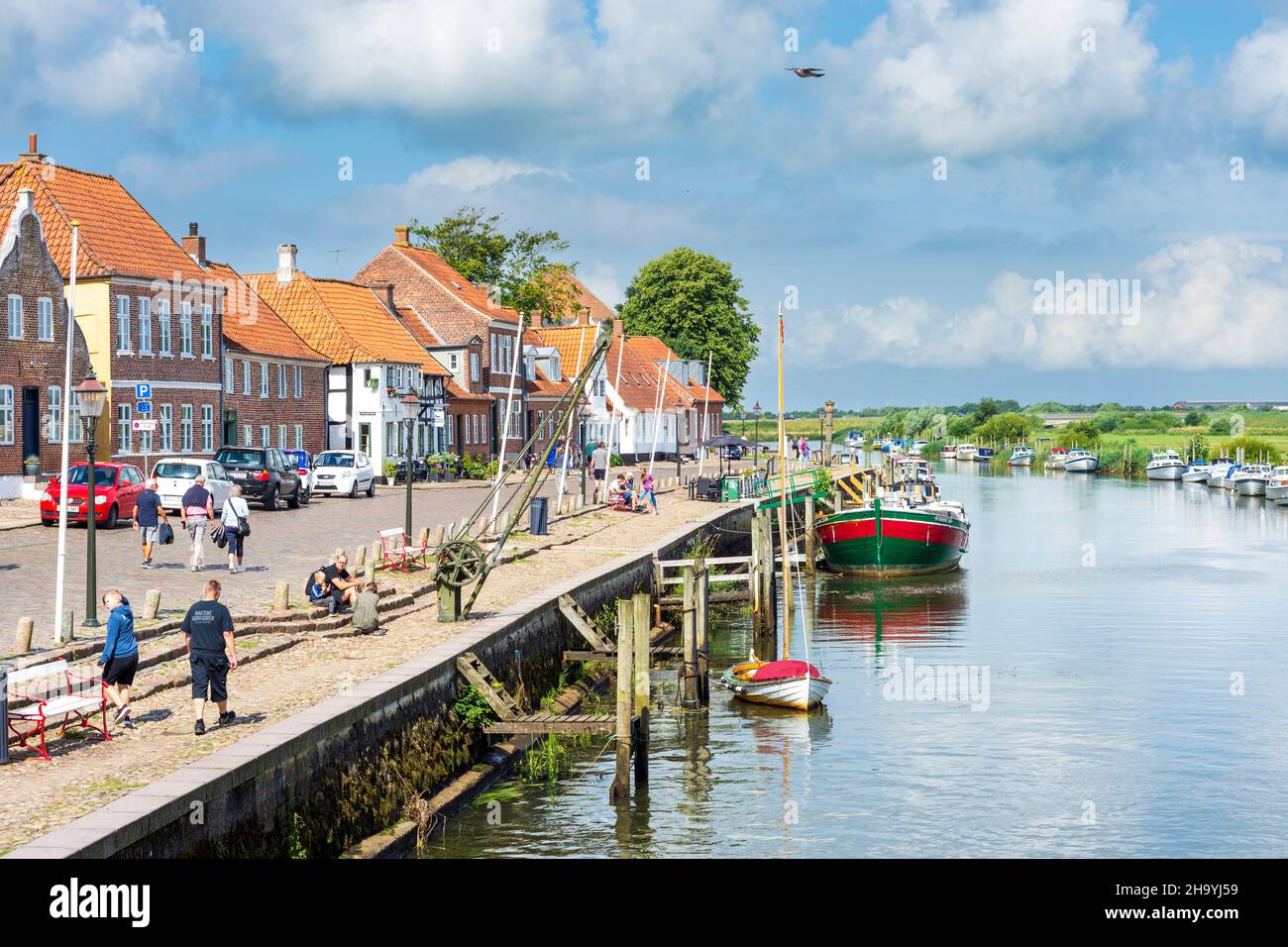 Esbjerg: river Ribe, old harbor, historic boat Johanne Dan, old houses ...