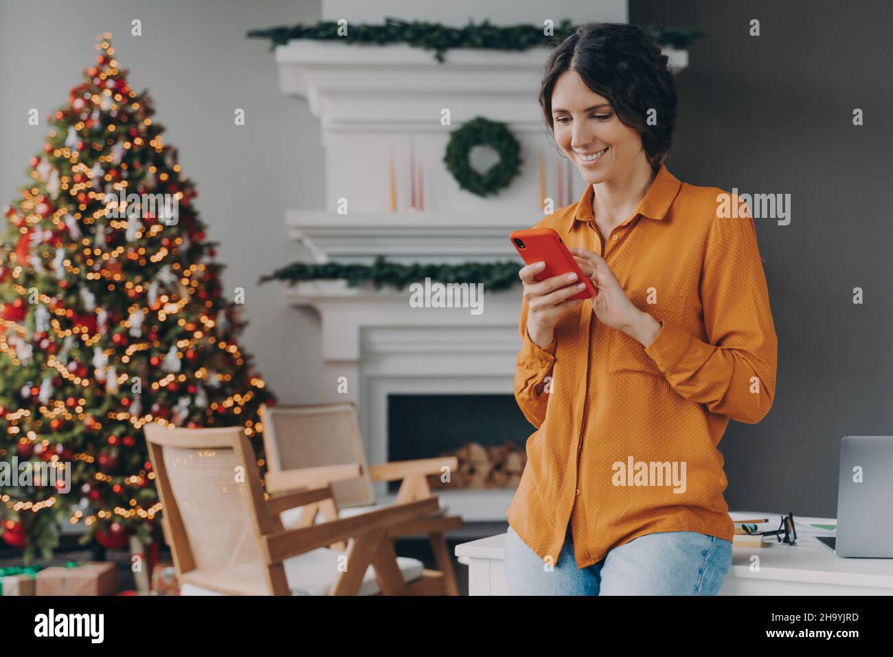 Happy merry woman typing hi-res stock photography and images - Alamy