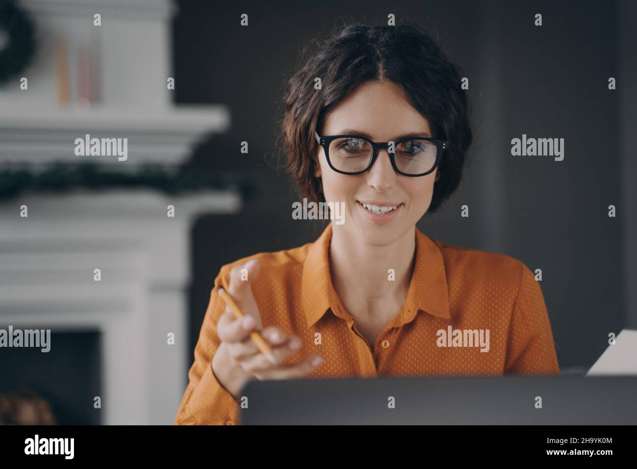 Italian young businesswoman in glasses teacher tutor talking with ...