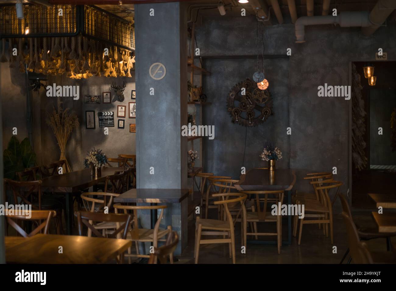 Eco cafe design in brown colours. Chandeliers made from the rope ...