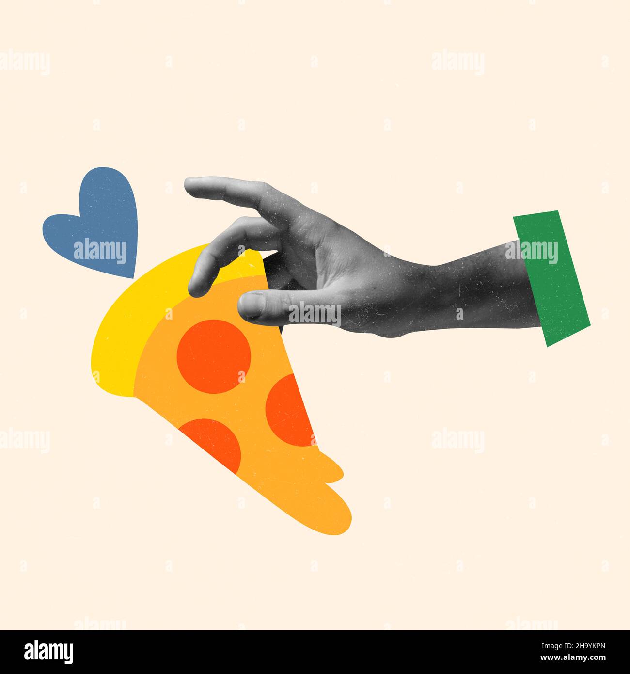 Contemporary art work. Female hand with slice of italian pizza on light ...