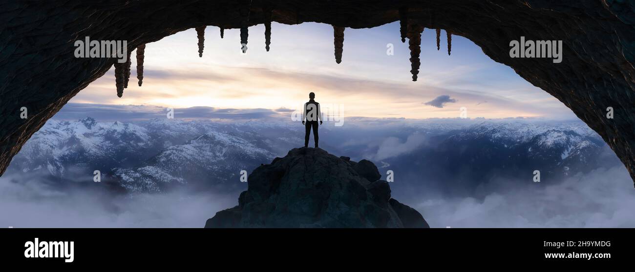 Dramatic Adventurous Scene with Man standing inside a Cave Stock Photo ...