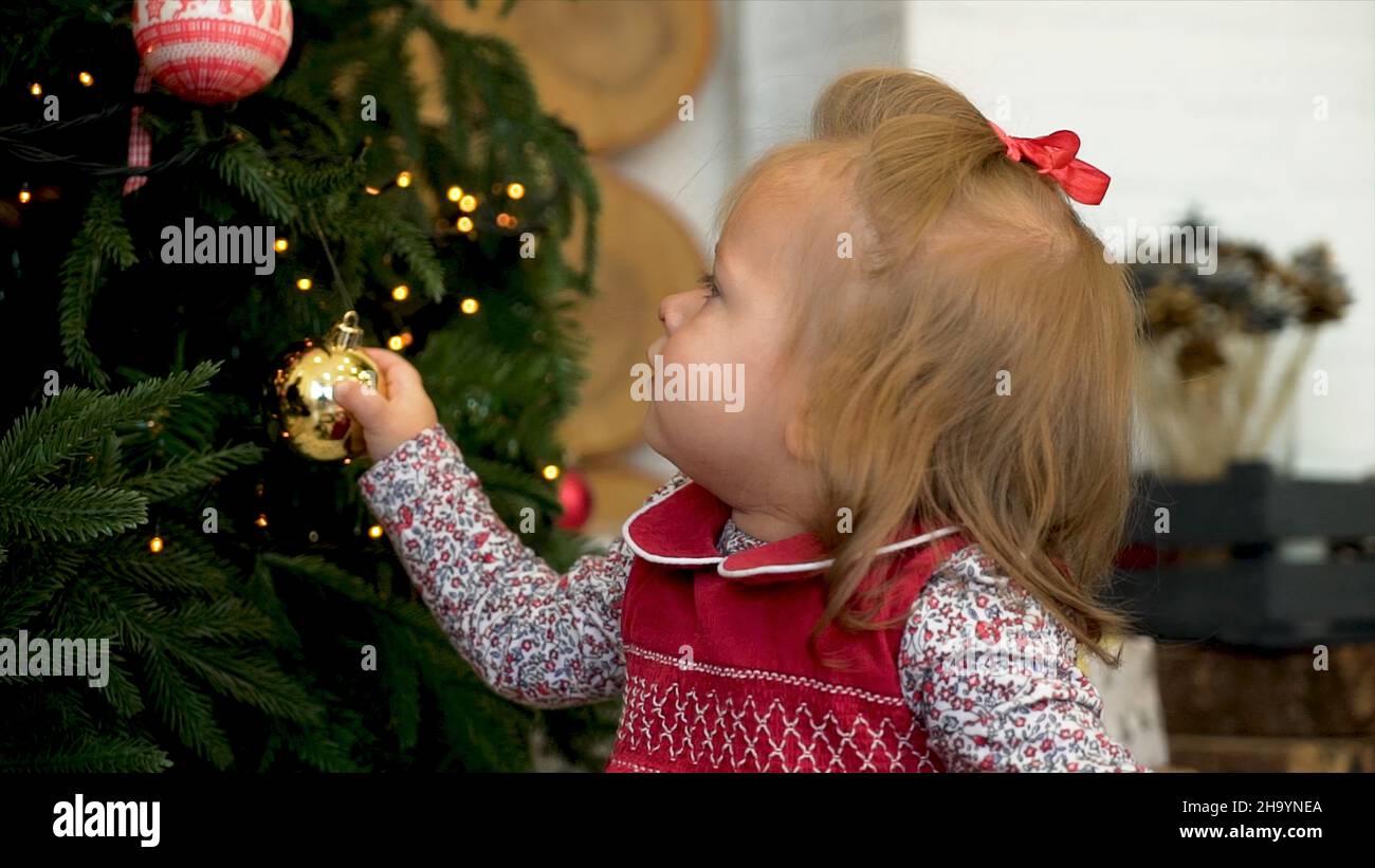 Little girl decorating the Christmas tree. Little girl playing with toy ...