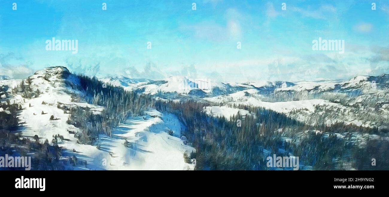 Panoramic view of the snow-capped mountains. Winter season. Artistic ...