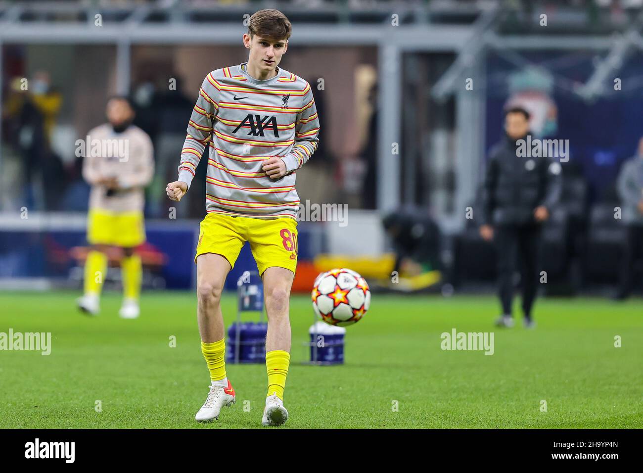 Tyler Morton of Liverpool FC warms up during the UEFA Champions League ...
