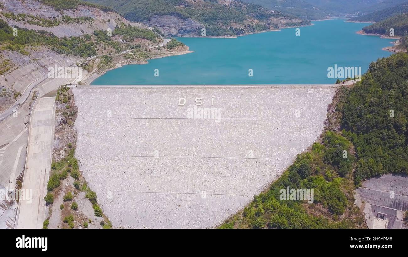 Alanya Dim dam. Clip. Top view of large dam holding back water in ...