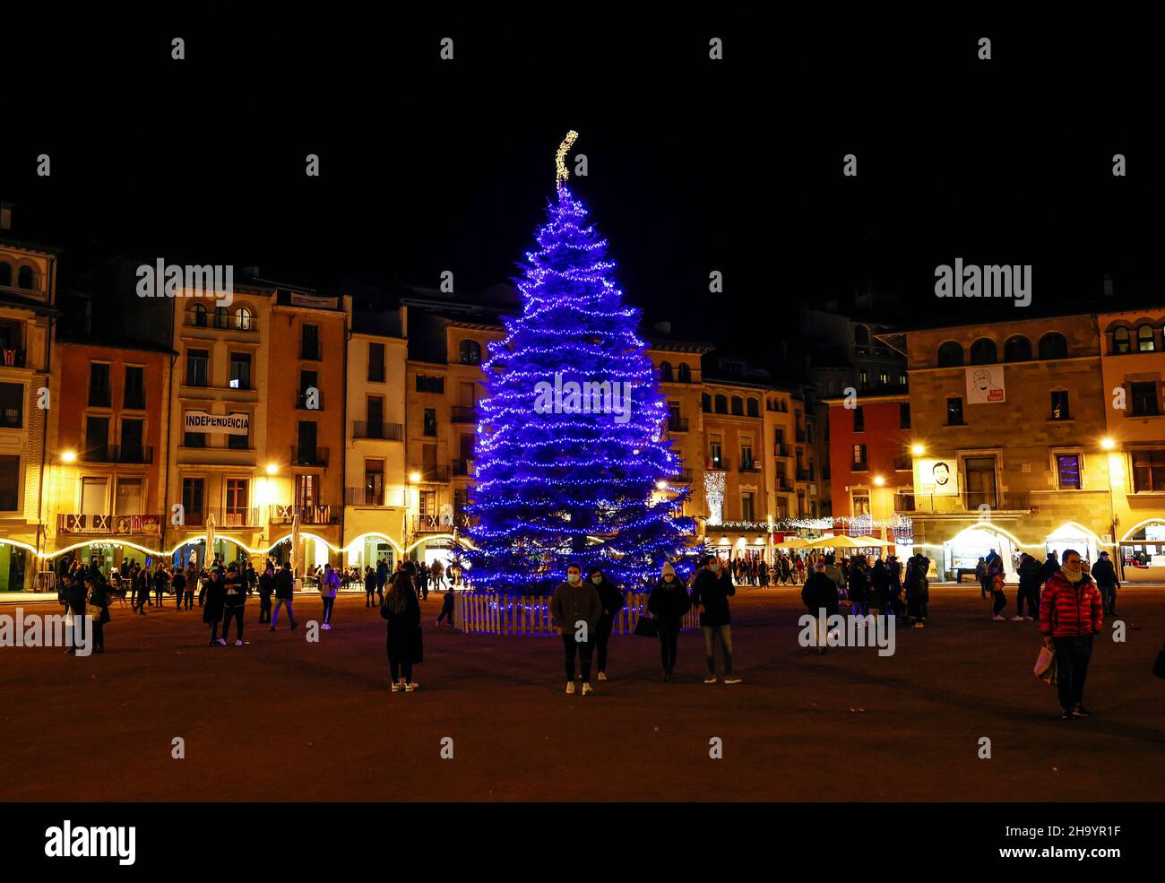 Christmas tree lit up in the main town square of Vic in Catalonia ...